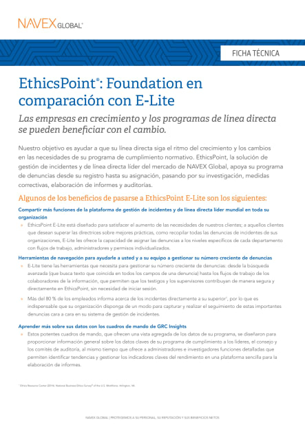 EthicsPoint®: Foundation en comparación con E-Lite | NAVEX ES